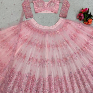 Light Pink Net Lengha Choli Indian Wedding Wear Lehenga Bridesmaid ...