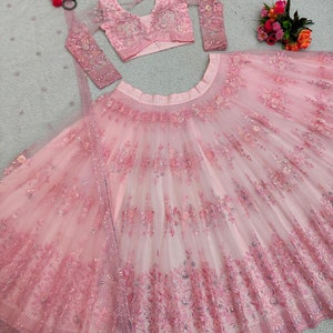 Light Pink Net Lengha Choli Indian Wedding Wear Lehenga Bridesmaid ...