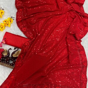 Red Party Wear Saree With Dual Sequence Embroidery Work Sabyasachi ...