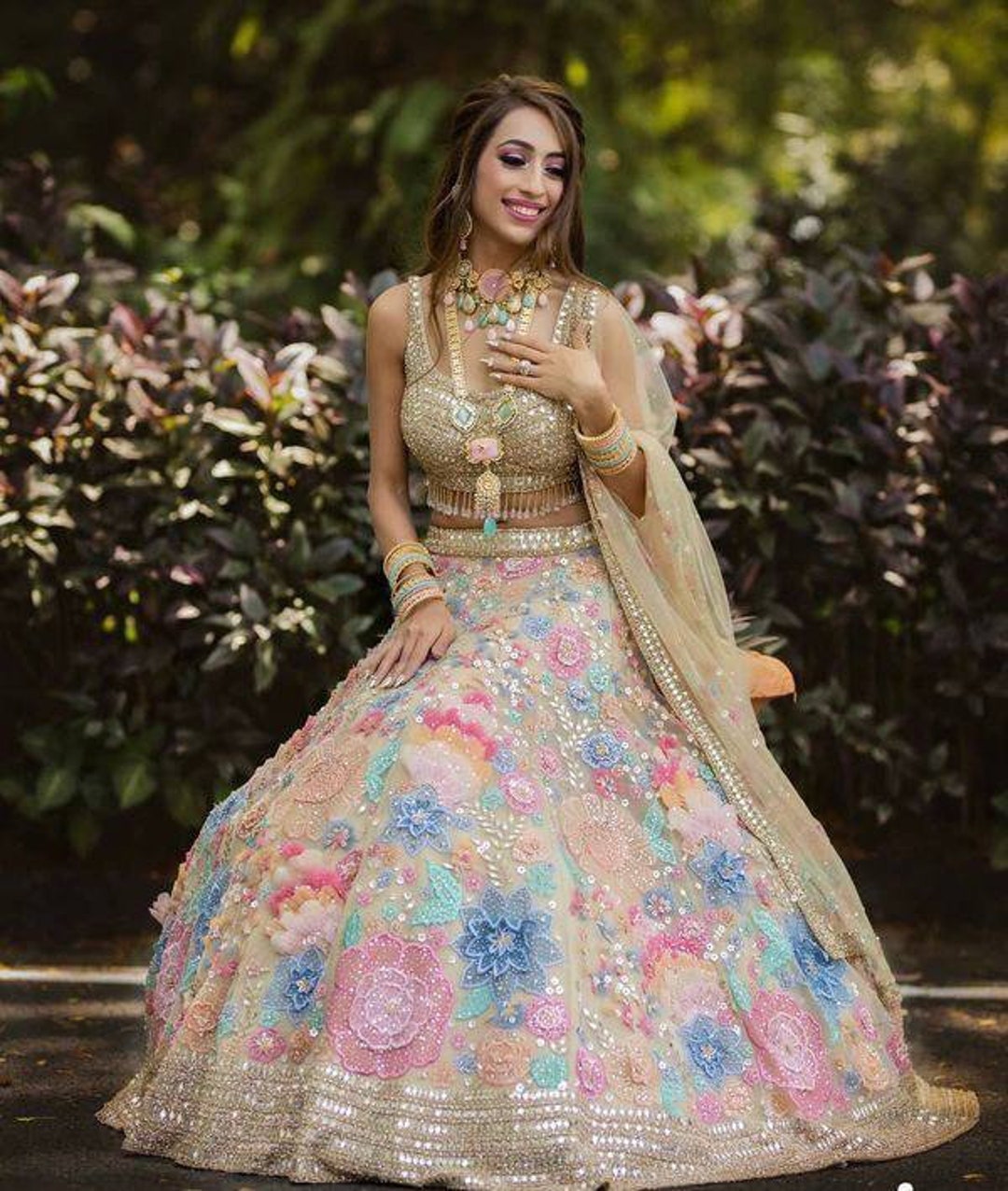 Heavy Bridal Wear Lengha Choli in Multi Color Flower Designer Sangeet ...