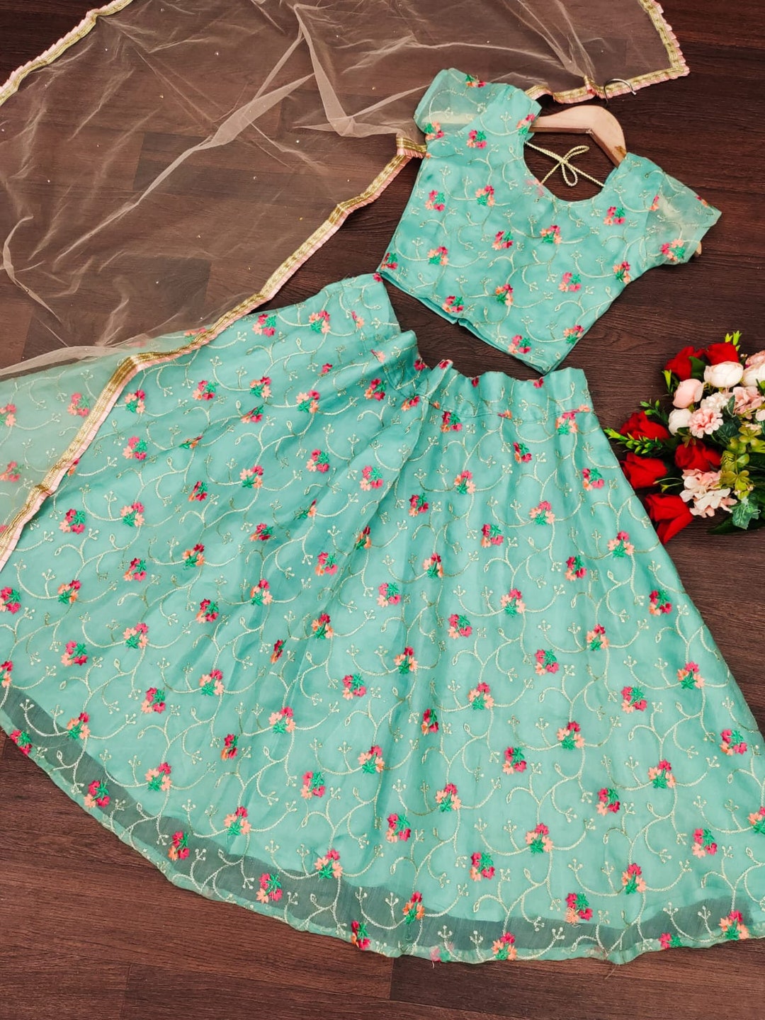Full Stitch Kids Lengha Choli Organza Fabric Princess Dress Baby Girl ...
