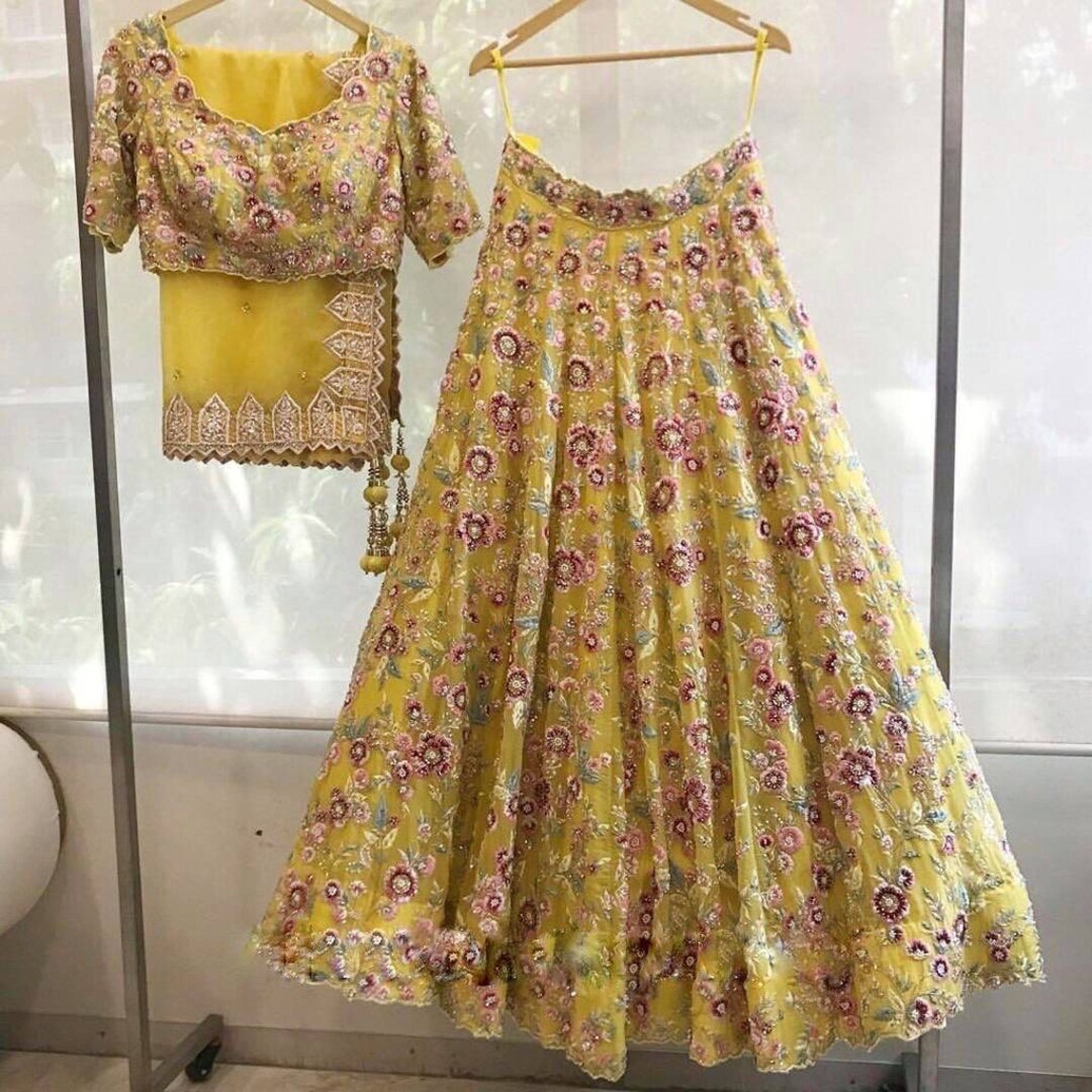 Buy Indian Wedding Yellow Lengha Choli in Embroidered Sequins Work ...