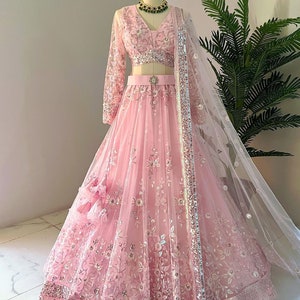 Light Pink Net Lengha Choli Indian Wedding Wear Lehenga Bridesmaid ...