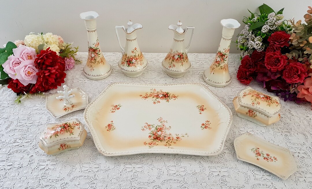 9 Piece Vintage Mid Century Ceramic Dressing Table Set, Tray Trinket ...