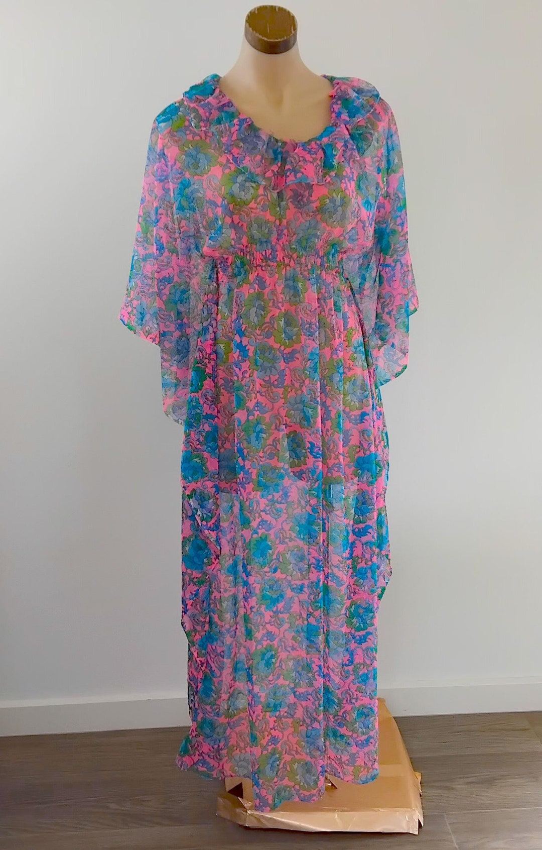 Vintage 70s Pink Blue Floral Sheer Kaftan Moo Moo Beach Pool Dress ...