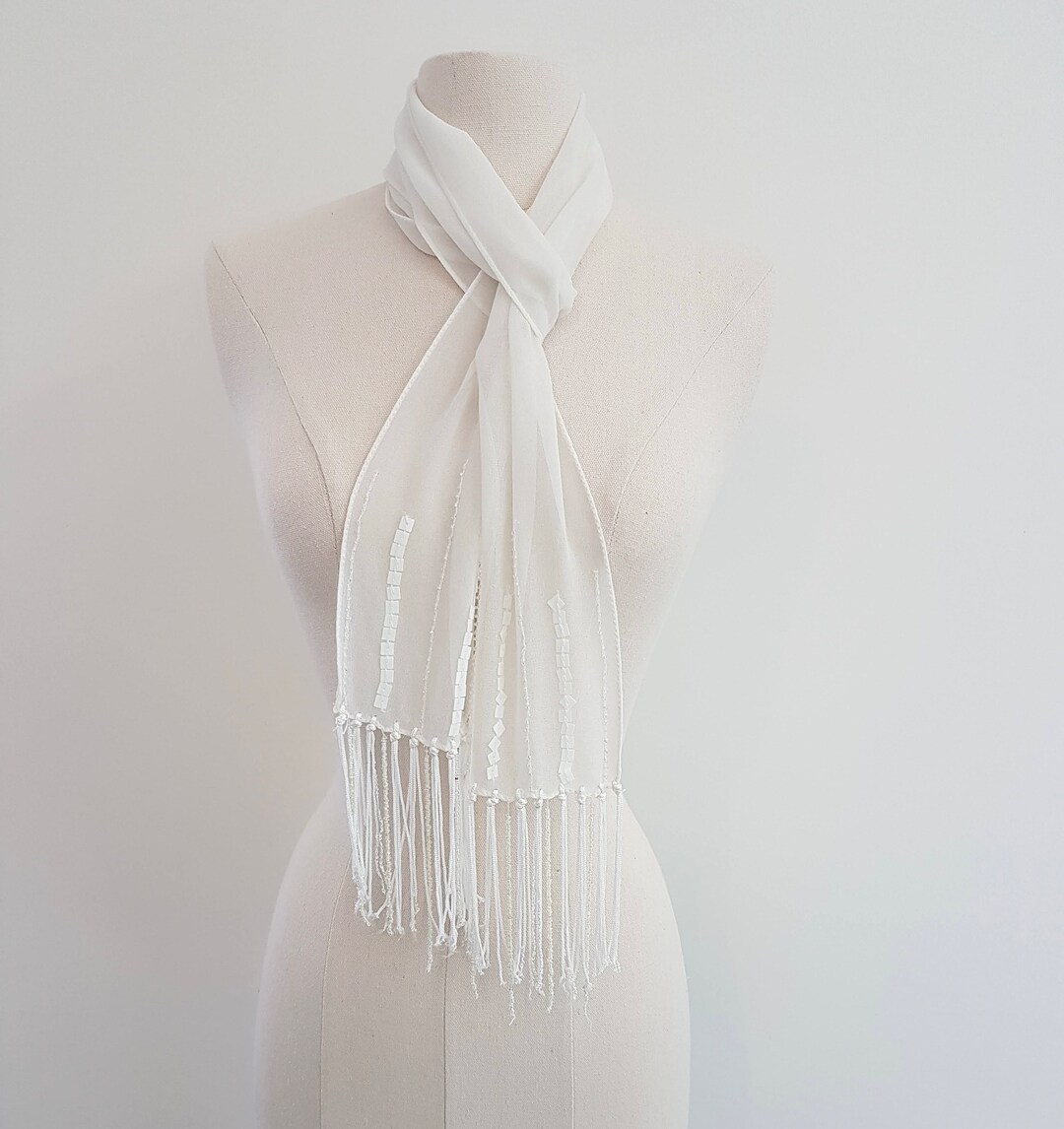 Vintage Retro Creamy White Long Rectangle Scarf With Tassels and ...
