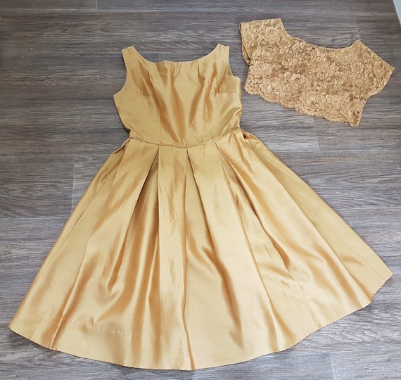 Vintage 50s 60s Gold Satin Cocktail Dress and Lace Ca… - Gem