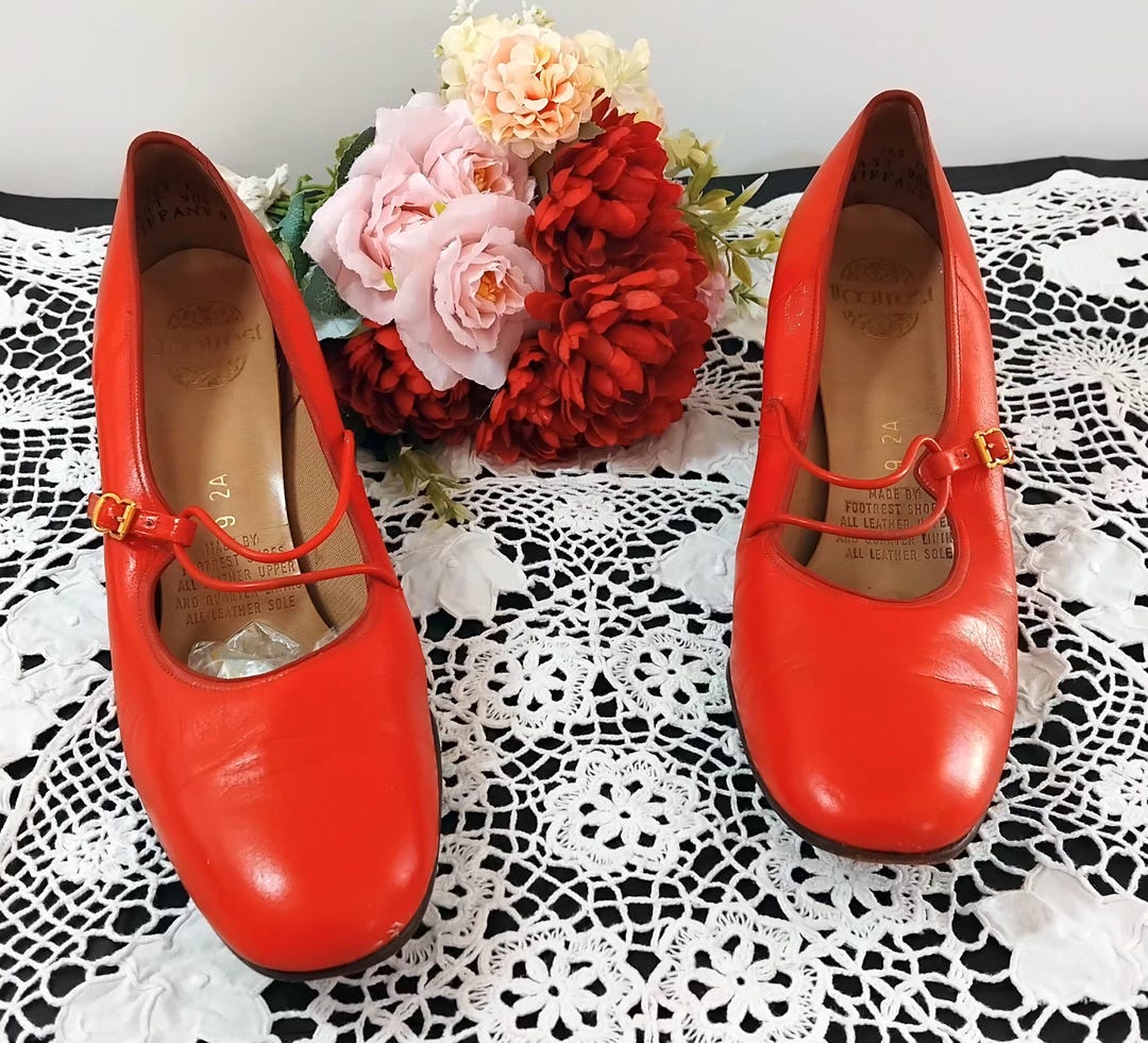 Vintage 70s Red Leather Mary Jane Heel Shoes, Size 9, Footrest ...