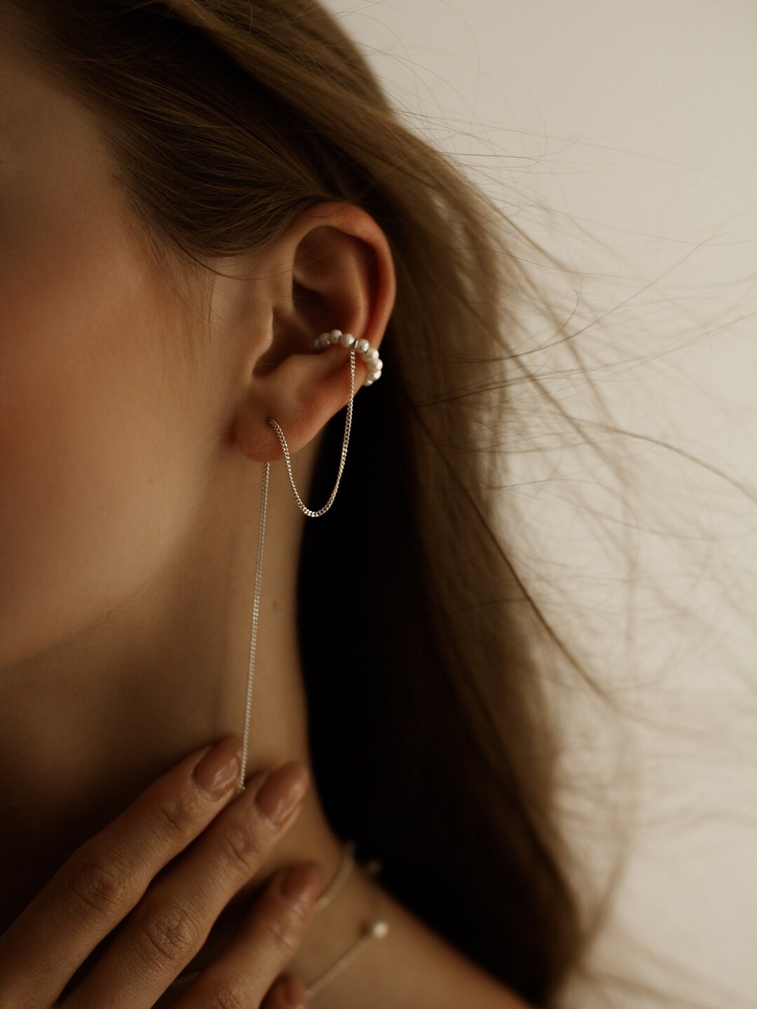 Pearl Ear Cuff in Sterling Silver: Dangle Chain, No Piercing - Etsy