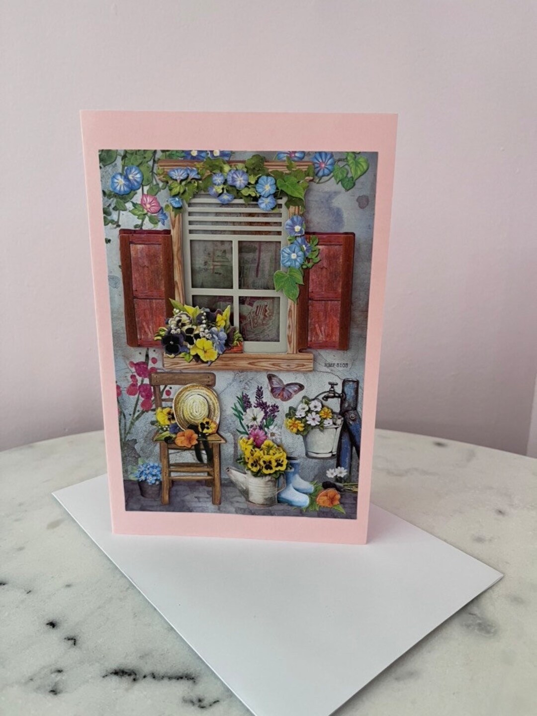 3D Floral Greeting Card, Window Flowers Greeting Card, Pink Greeting ...