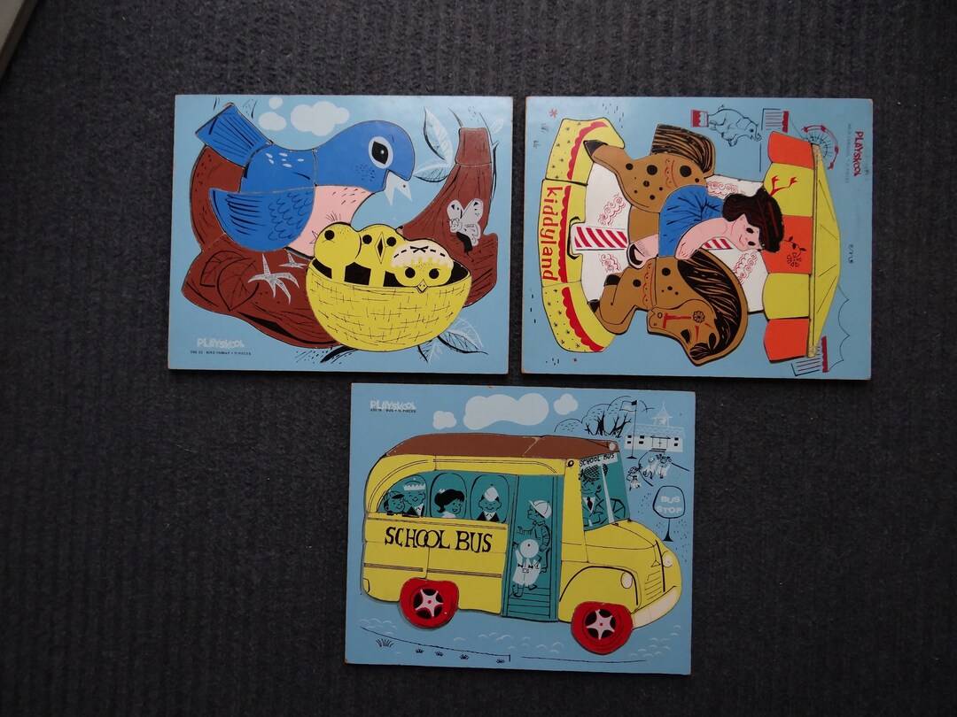 Vintage Set of 3 Playskool Puzzles School Bus, Carousel, Bird Family - Etsy