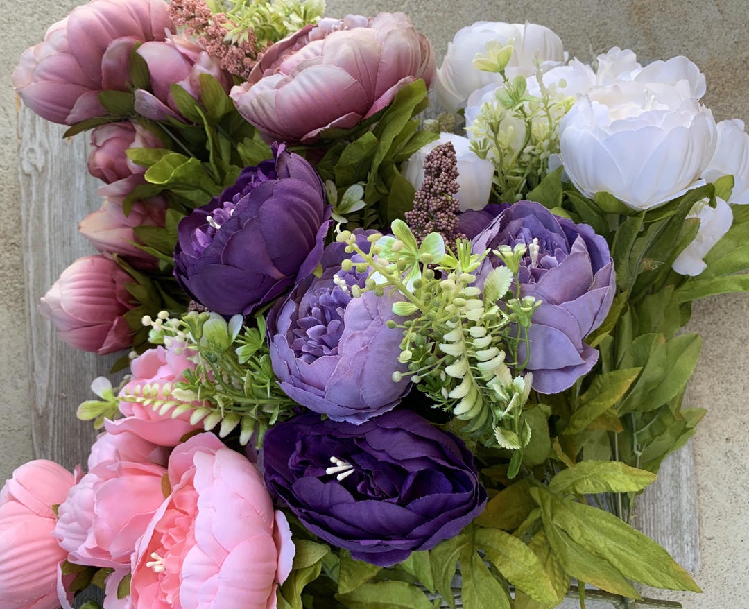 Faux Purple Peony Bush, Floral Lavender Filler Pick, Artificial Pink ...