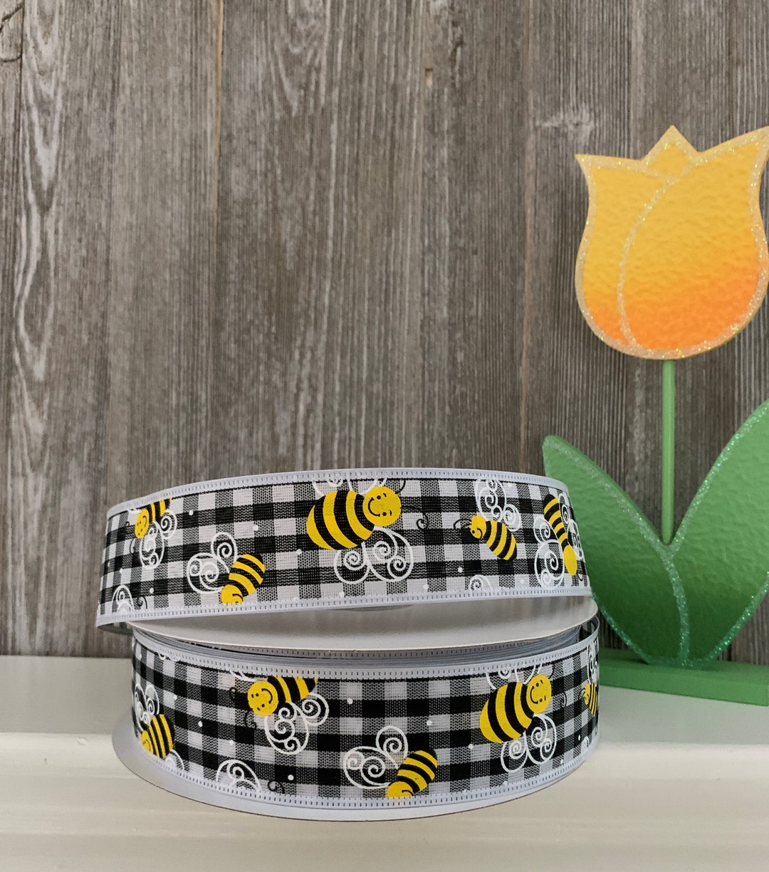 Bumble Bee Black White Gingham Wire Ribbon, Bumble Bee Wire Ribbon ...