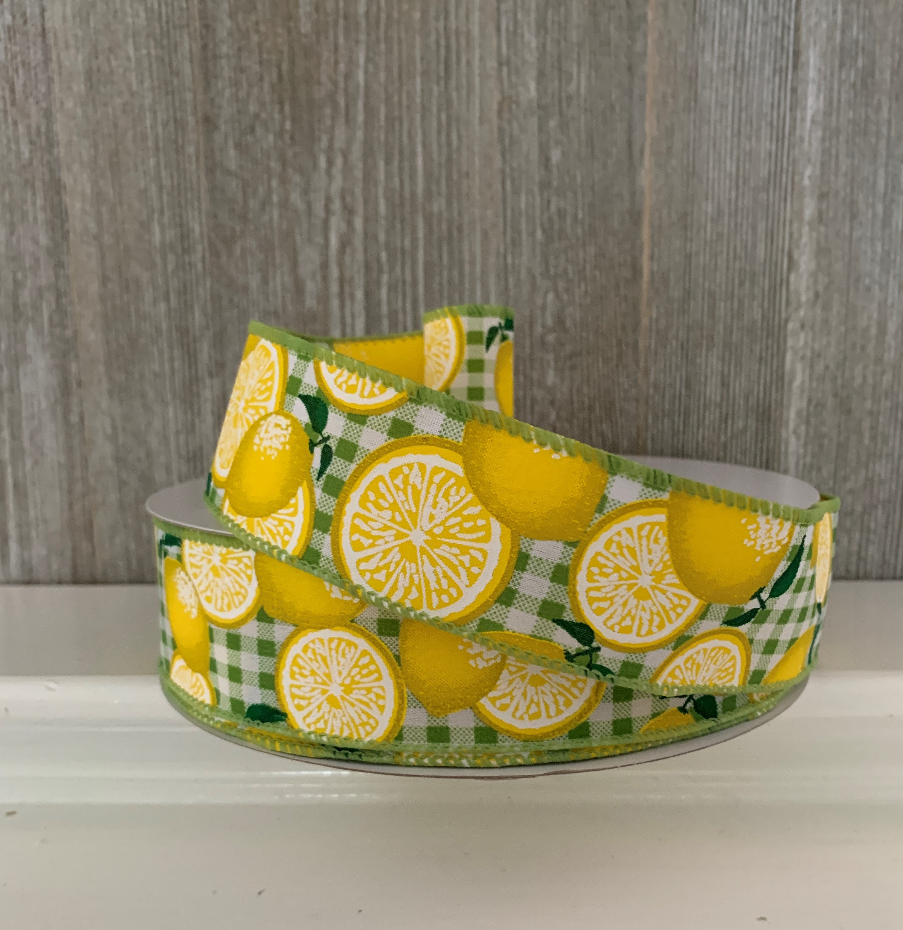 Lemon Wired Ribbon: Yellow Citrus Slice, Green Gingham - 1.5" X 10 ...