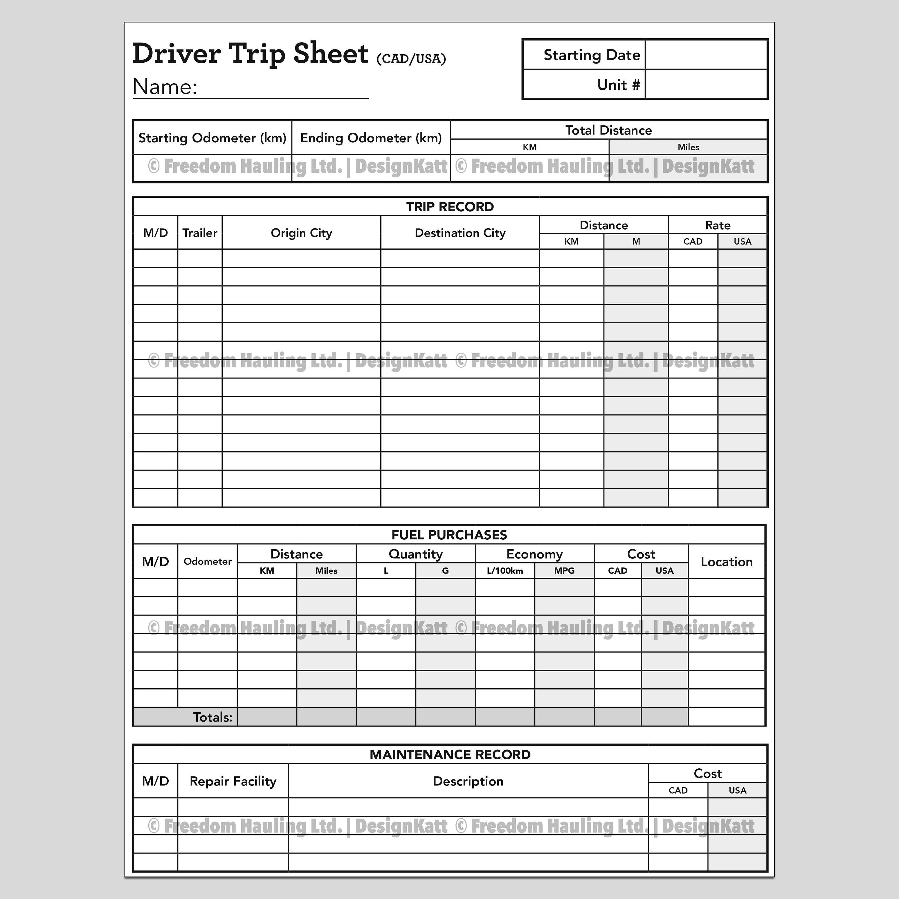 Truck Driver Trip Sheets Bundle, Transportation and Travel Trackers ...