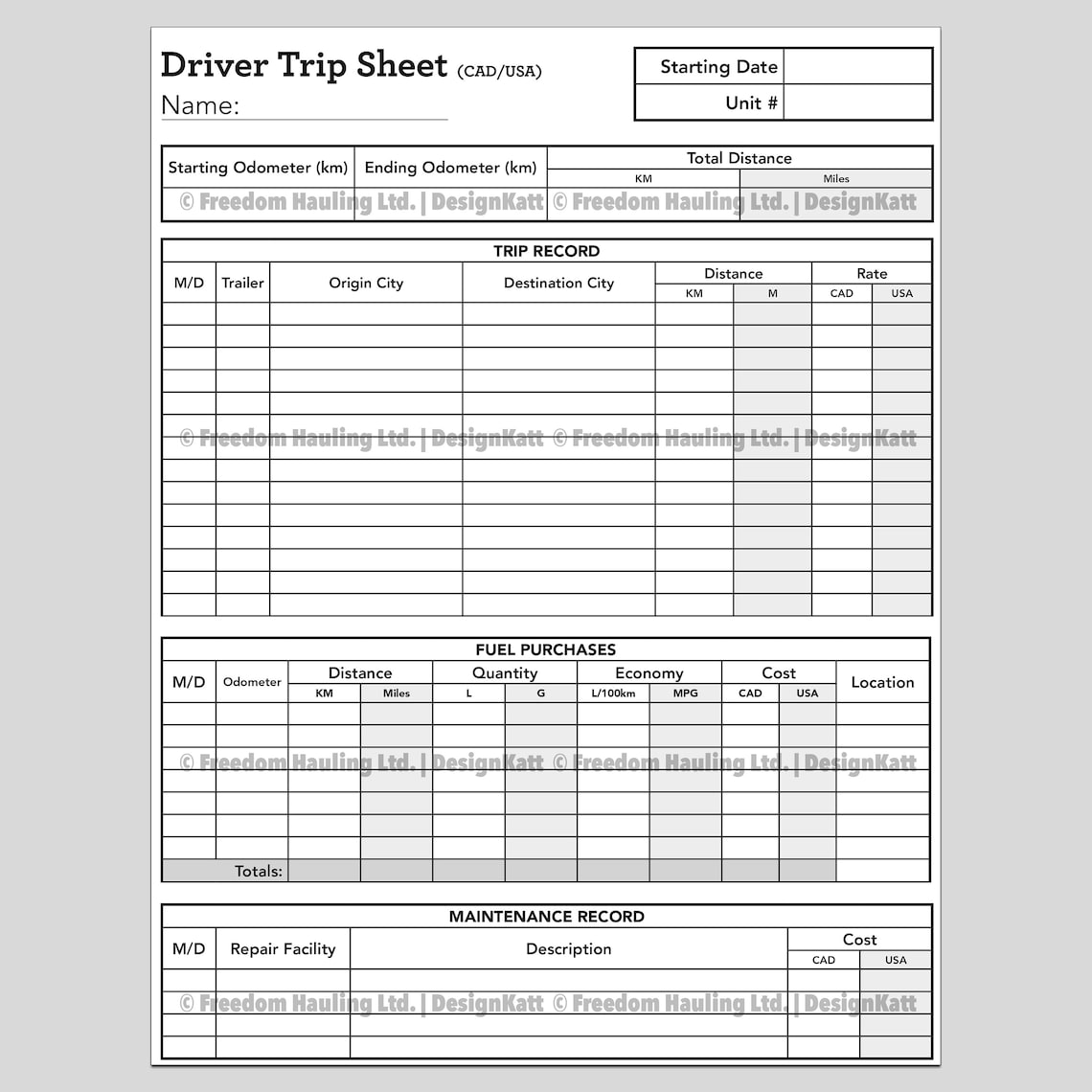 Truck Driver Trip Sheet, Cross Border Metric and Imperial Distance and Fuel Tracking ...