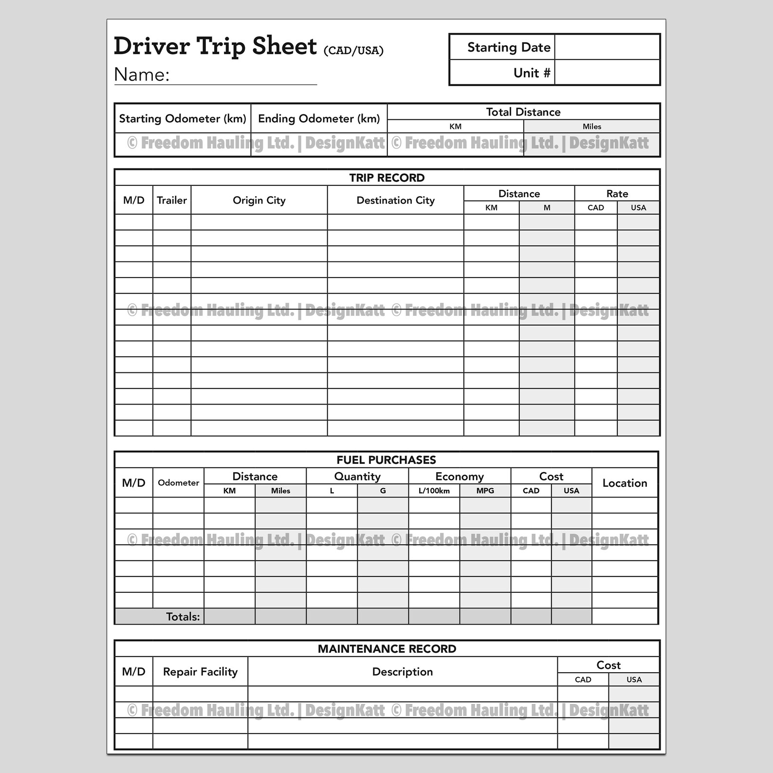 Truck Driver Trip Sheet, Cross Border Metric and Imperial Distance and ...