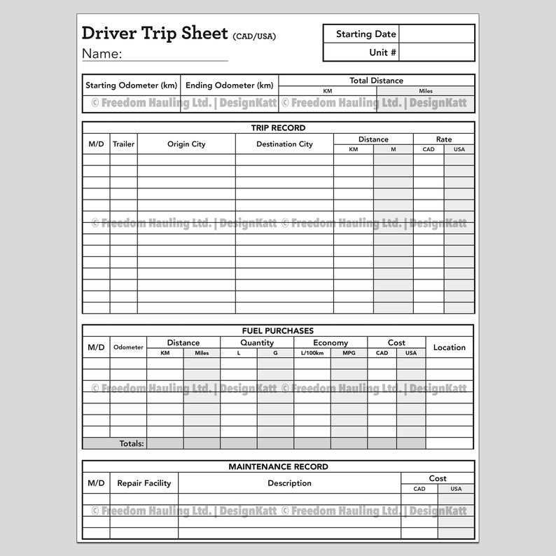 Truck Driver Trip Sheet, Cross Border Metric and Imperial Distance and ...