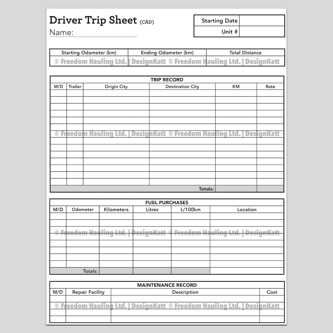 Truck Driver Trip Sheet, Canadian Trucker Trip Sheet, Metric Driver ...