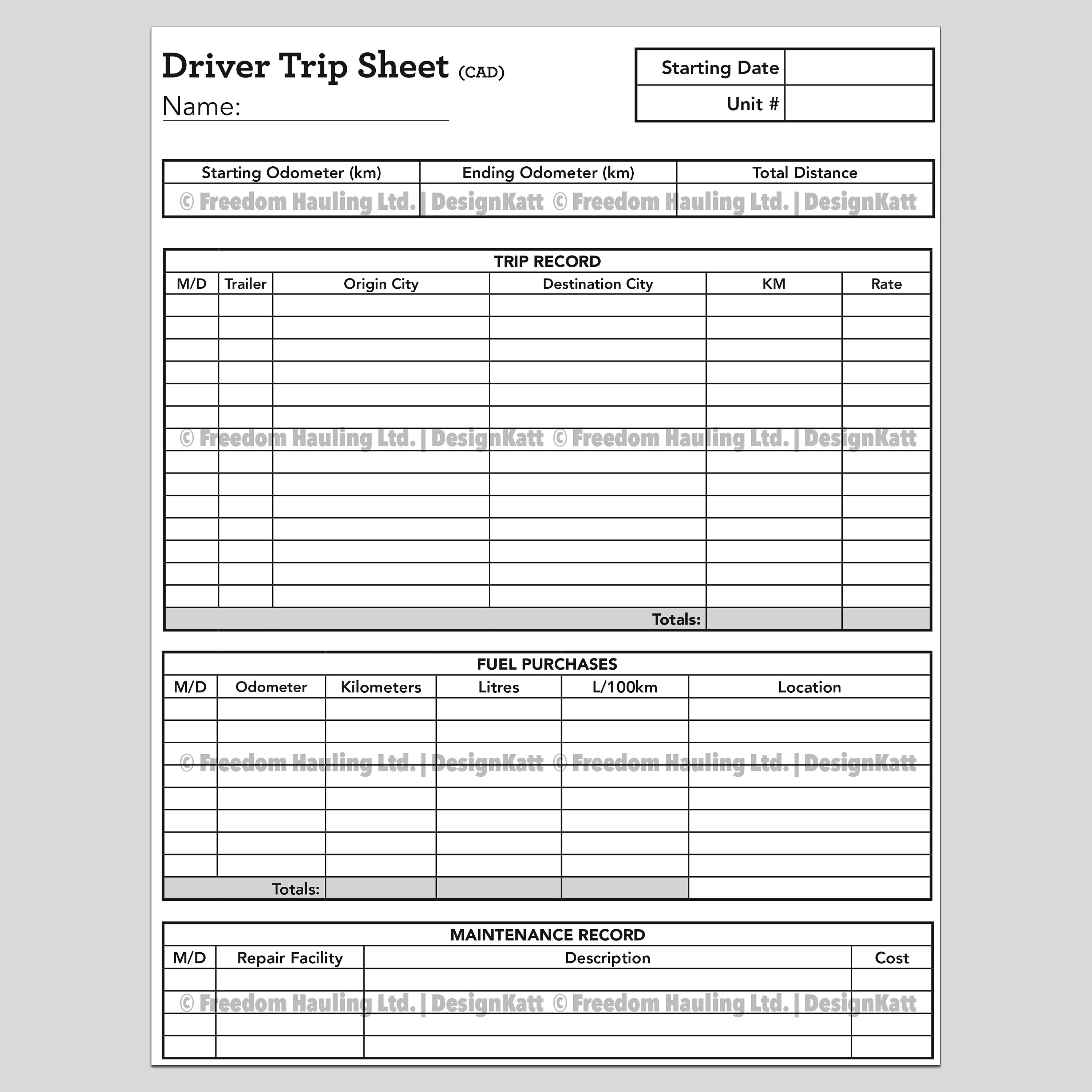 Truck Driver Trip Sheet, Canadian Trucker Trip Sheet, Metric Driver ...