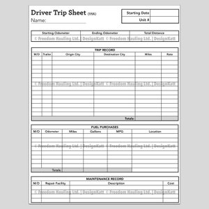 Truck Driver Trip Sheet, USA Trucker Trip Sheet, Imperial Driver Trip ...