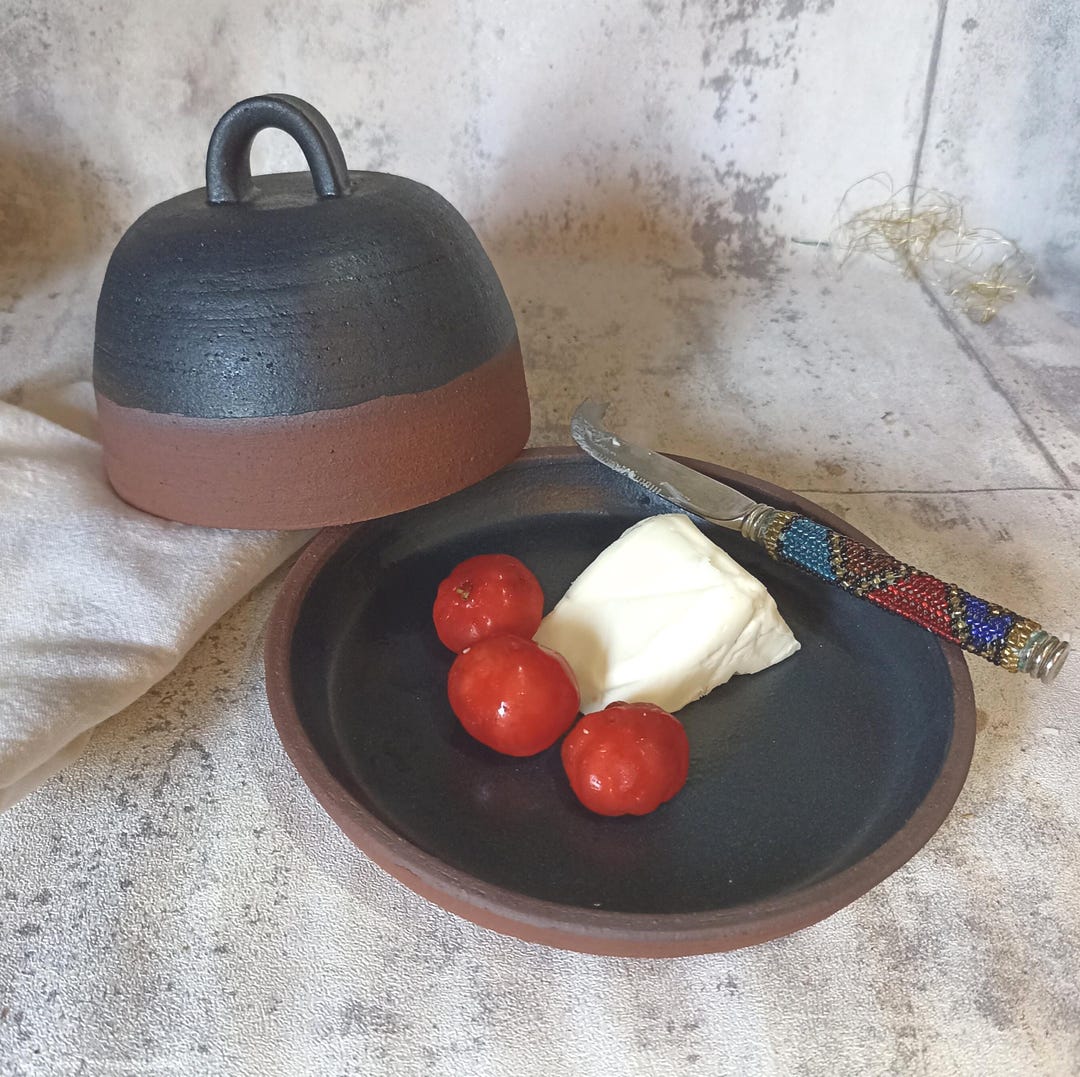 Small Ceramic Black Butter Dish, Fruit and Cheese Server With Bell ...
