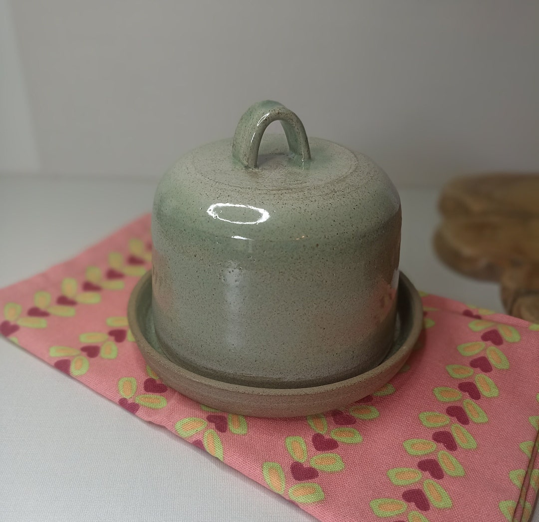 Ceramic Green and Gray Butter Dish and Matching Plate, Cheese Serving ...