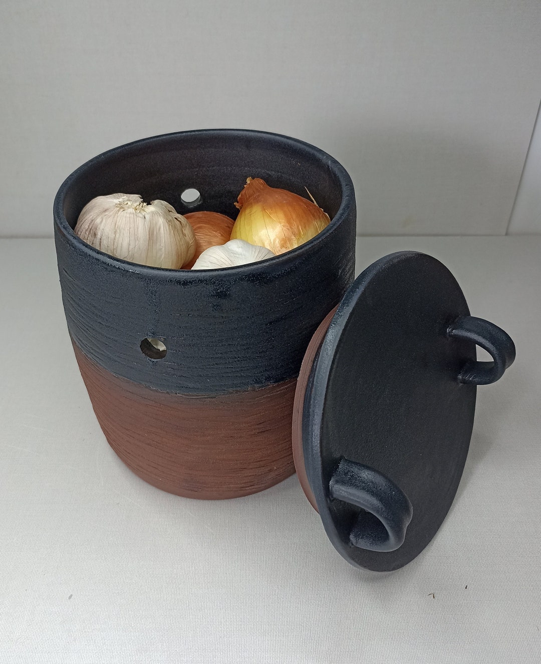 Medium Sized and Small Black and Terracotta Ceramic Onion or Garlic ...