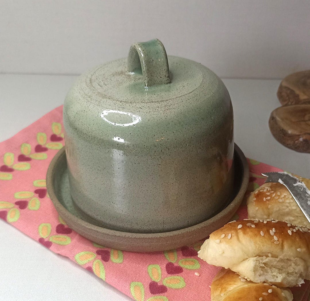 Ceramic Green and Gray Butter Dish and Matching Plate, Cheese Serving ...