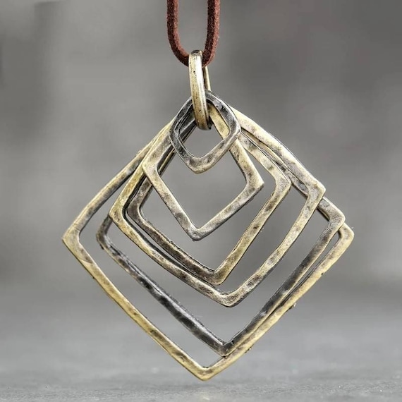 Large Geometric Square Necklace Pendant for Women. Long - Etsy
