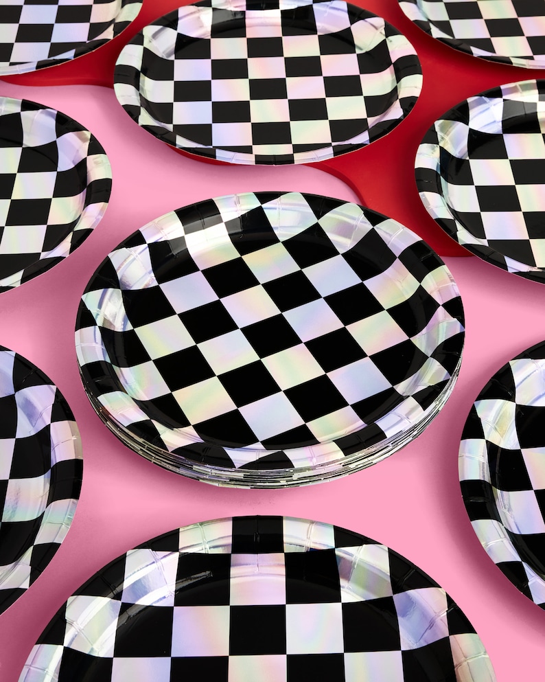 Xo Fetti Black and Iridescent Checker Paper Plates 25 Pack - Etsy