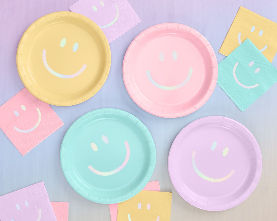 Smiley Paper Plates - 24 Pk, 9" | Happy Pastel Birthday Party ...