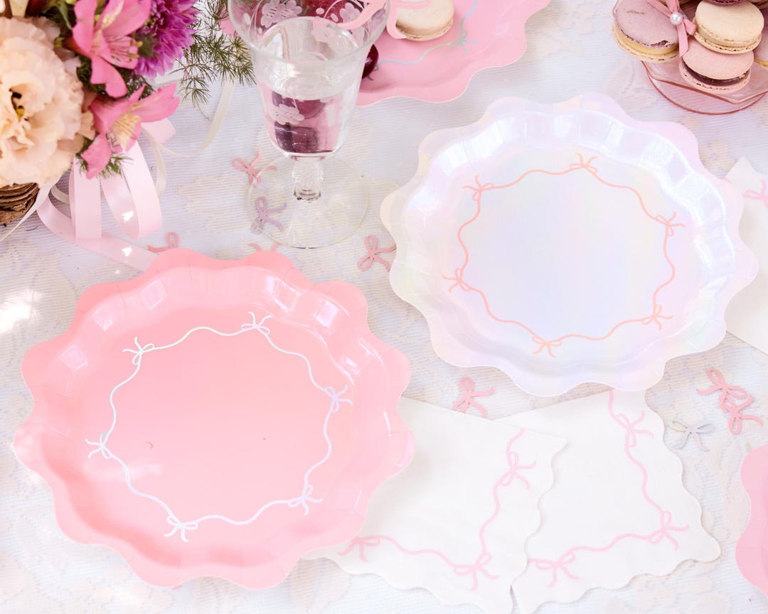 Xo, Fetti Pink + Iridescent Wavy Bow Plates - 24 Pcs | Bachelorette ...