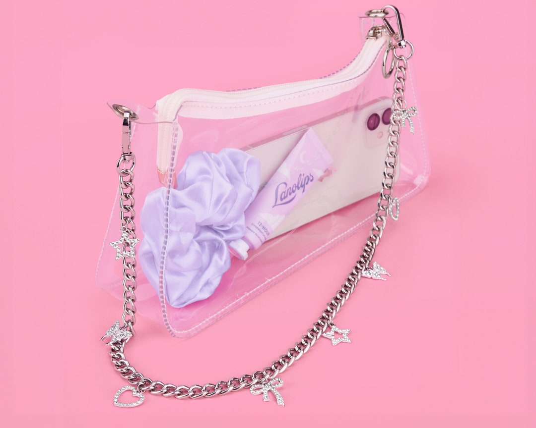 Xo, Fetti Silver Bag Strap - Chain + Rhinestone Charm Concert Strap ...