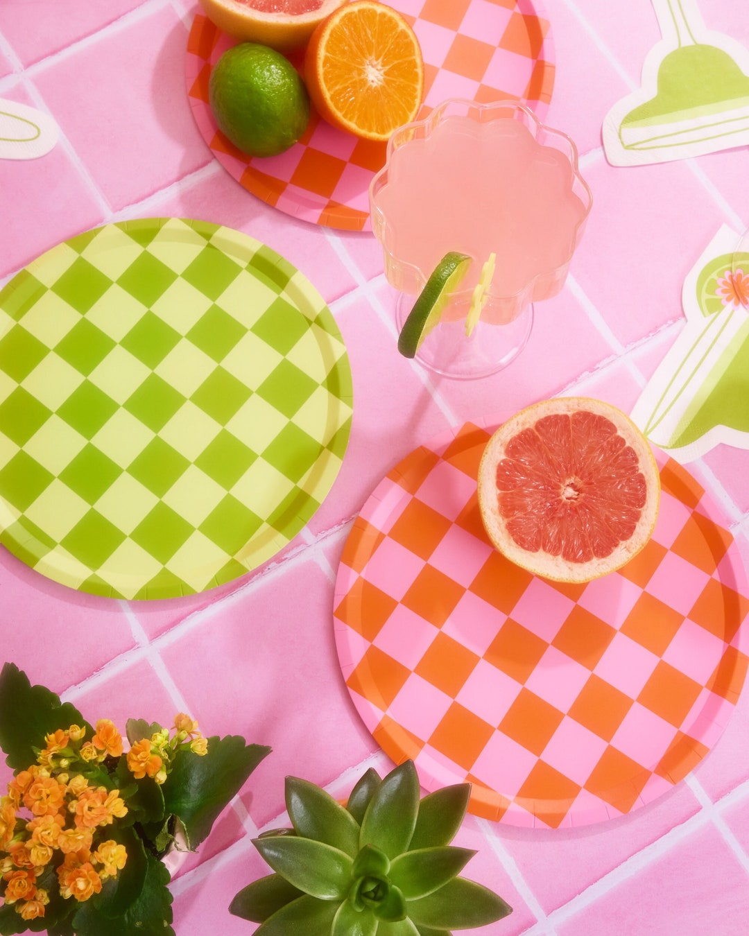Xo, Fetti 24 Pink + Green Checkered Paper Plates - 9" | Bachelorette ...