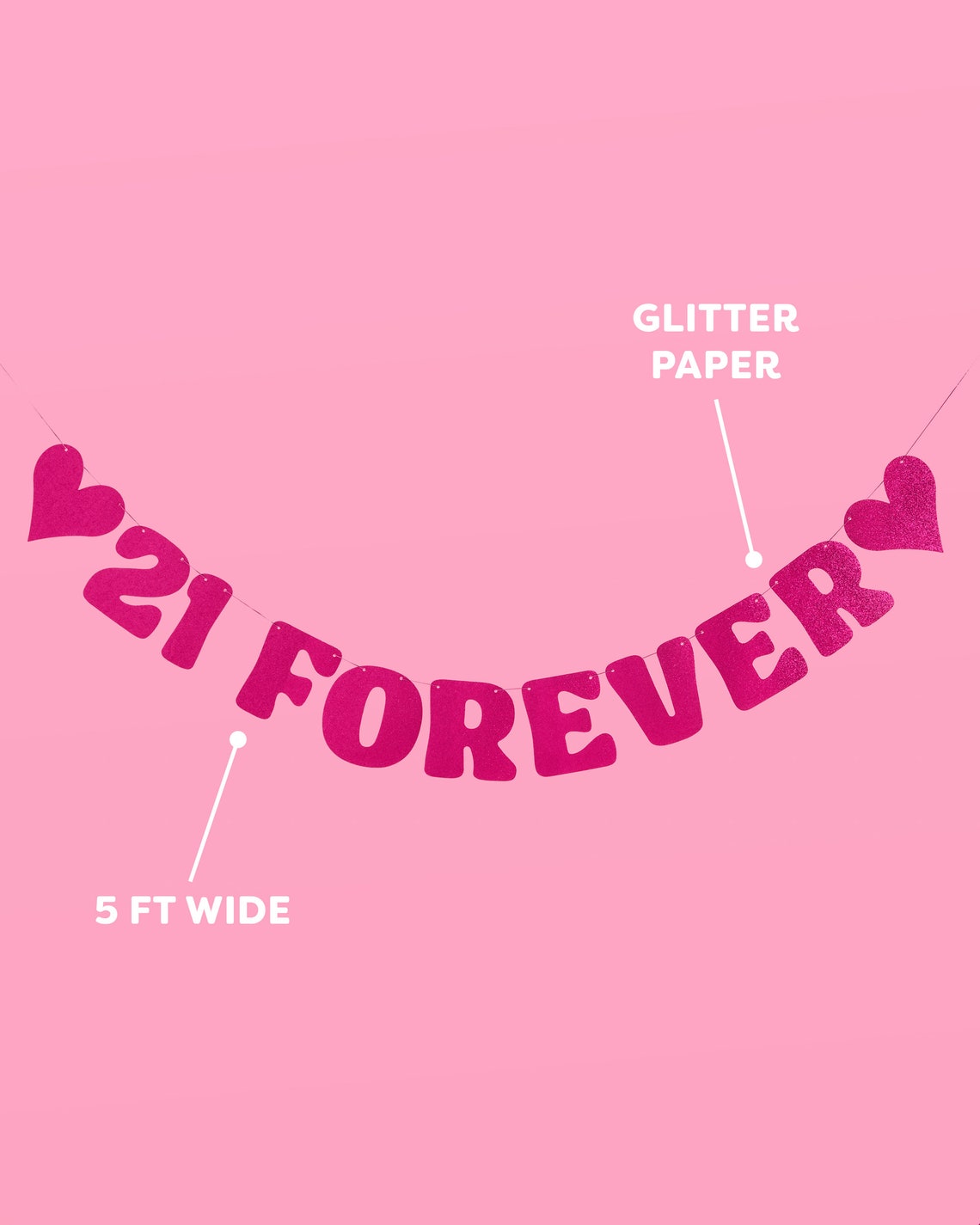 21 Forever Birthday Party Glitter Banner 5 Ft. Hot Pink | Etsy