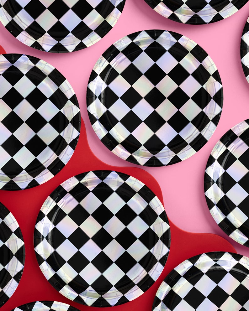 Xo Fetti Black and Iridescent Checker Paper Plates 25 Pack - Etsy