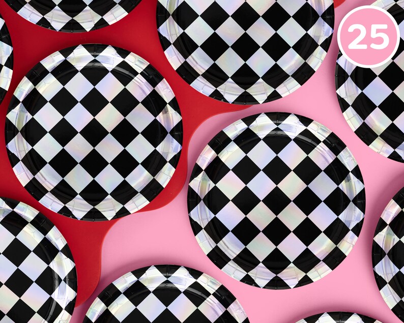 Xo Fetti Black and Iridescent Checker Paper Plates 25 Pack - Etsy