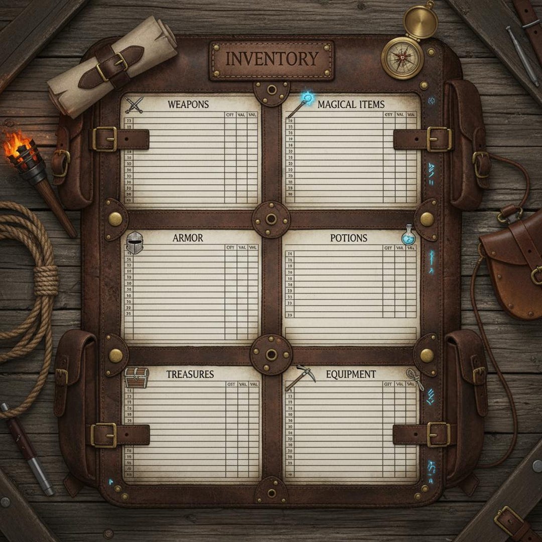 Role-playing Game Inventory Sheet, Medieval Parchment, Shield, Backpack ...