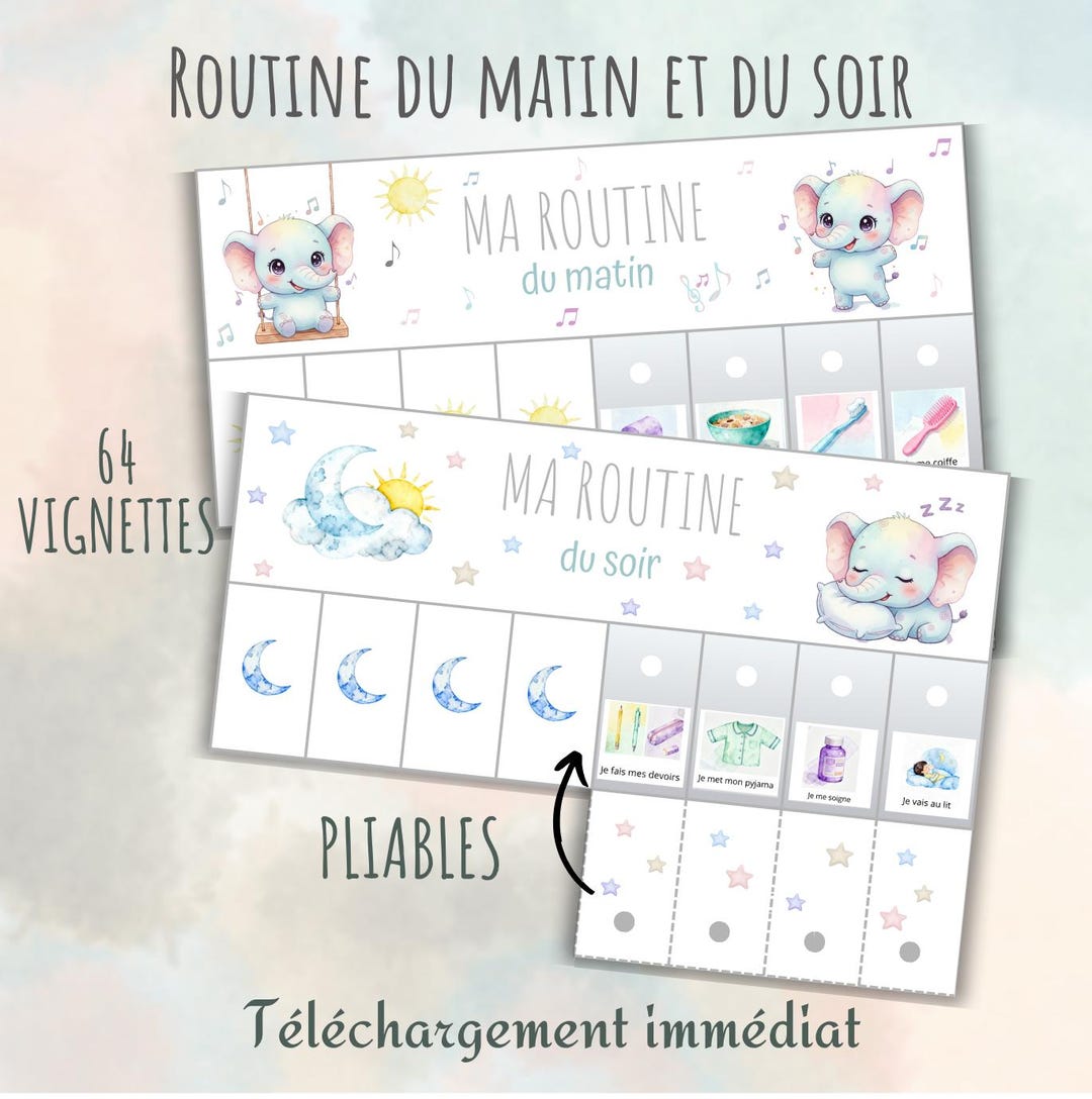 Morning & Evening Routine – Watercolor Baby Elephant Theme – French ...
