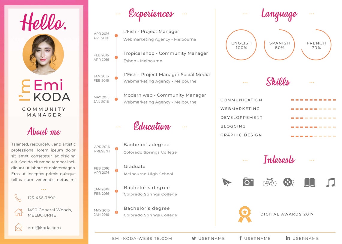Colorful Curriculum Vitae Template Resume CV Cover | Etsy
