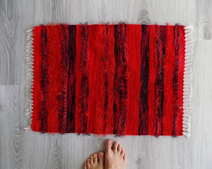 Red Striped Rug Carpet With Tassels and Knots Floor Rug | Etsy