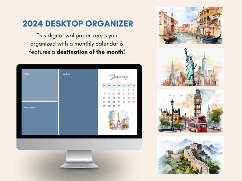 2024 Desktop Wallpaper Organizer With Calendar Travel Themed Mac and ...