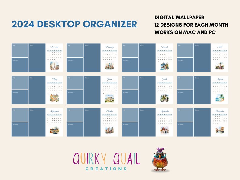2024 Desktop Wallpaper Organizer With Calendar Travel Themed Mac and ...