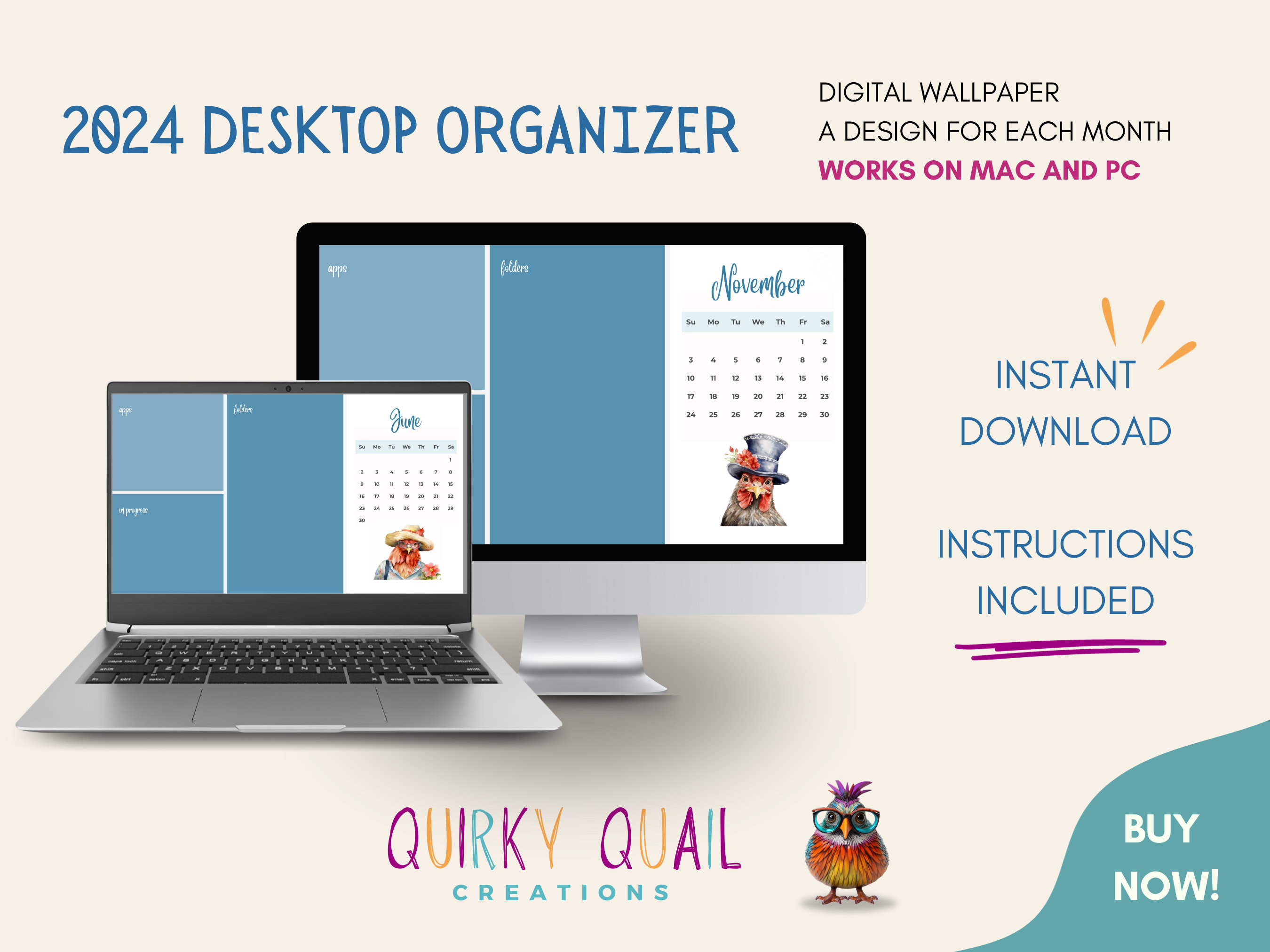 2024 Desktop Wallpaper Organizer With Calendar Chickens of the Month ...