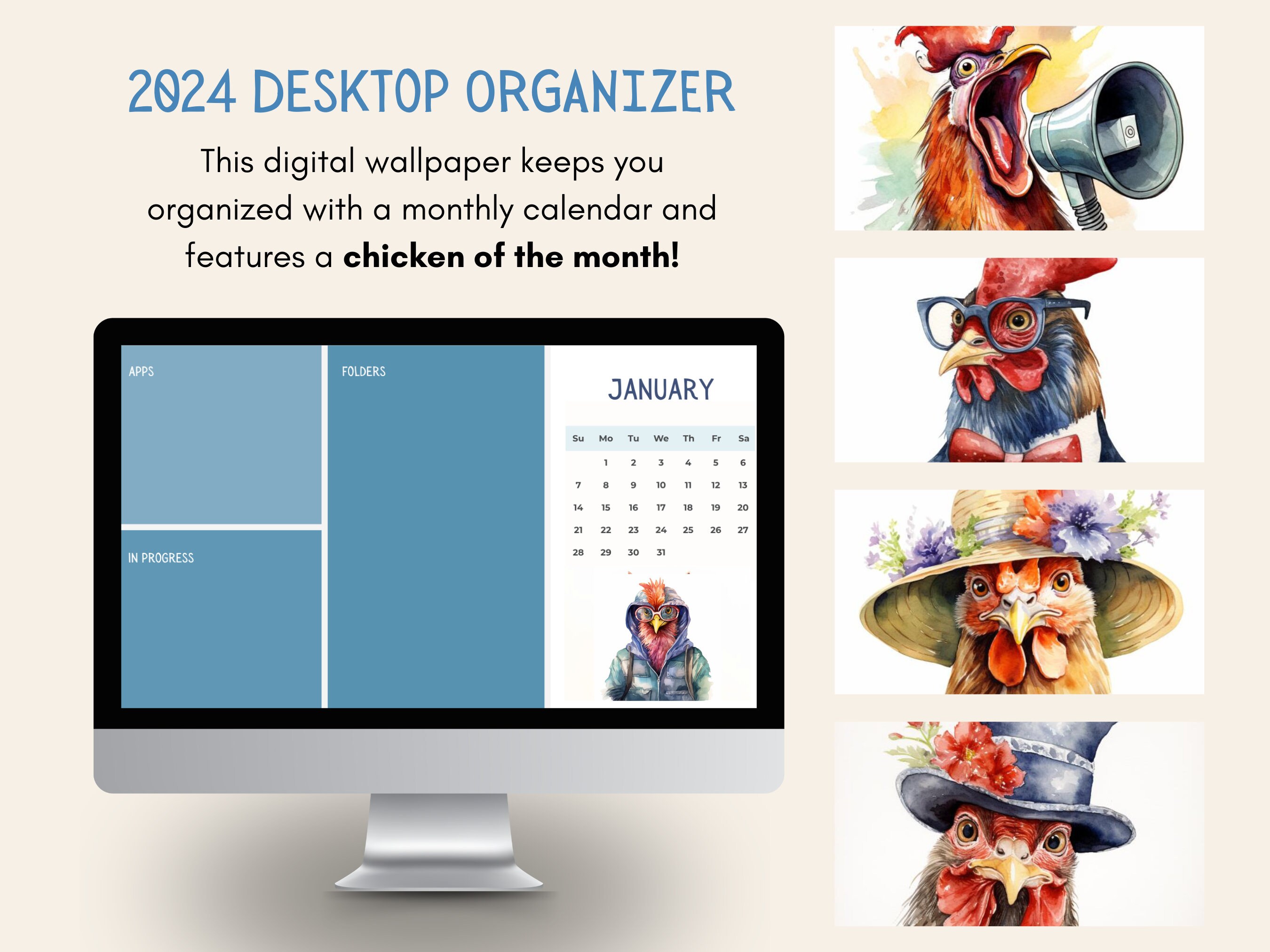 2024 Desktop Wallpaper Organizer With Calendar Chickens of the Month ...