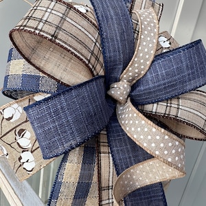 Blue & Tan Plaid Bow With Cotton Bolls for Wreaths Lanterns Swags ...