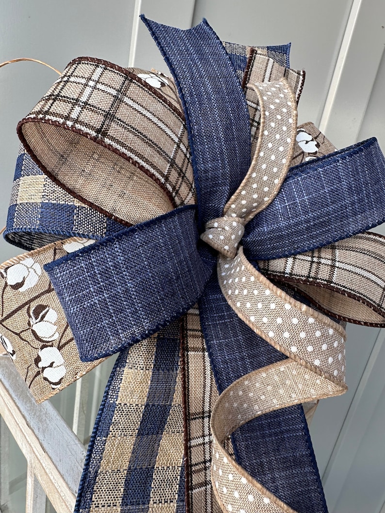 Blue & Tan Plaid Bow With Cotton Bolls for Wreaths Lanterns Swags ...