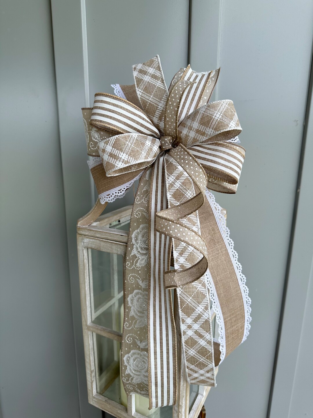 Neutral Tan Plaid Bow: Farmhouse Wreath, Lantern Swag - Etsy