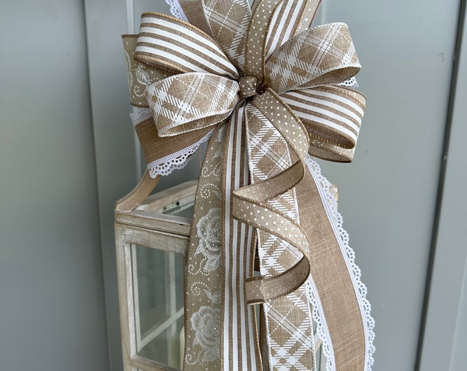Neutral Tan Plaid Bow: Farmhouse Wreath, Lantern Swag - Etsy